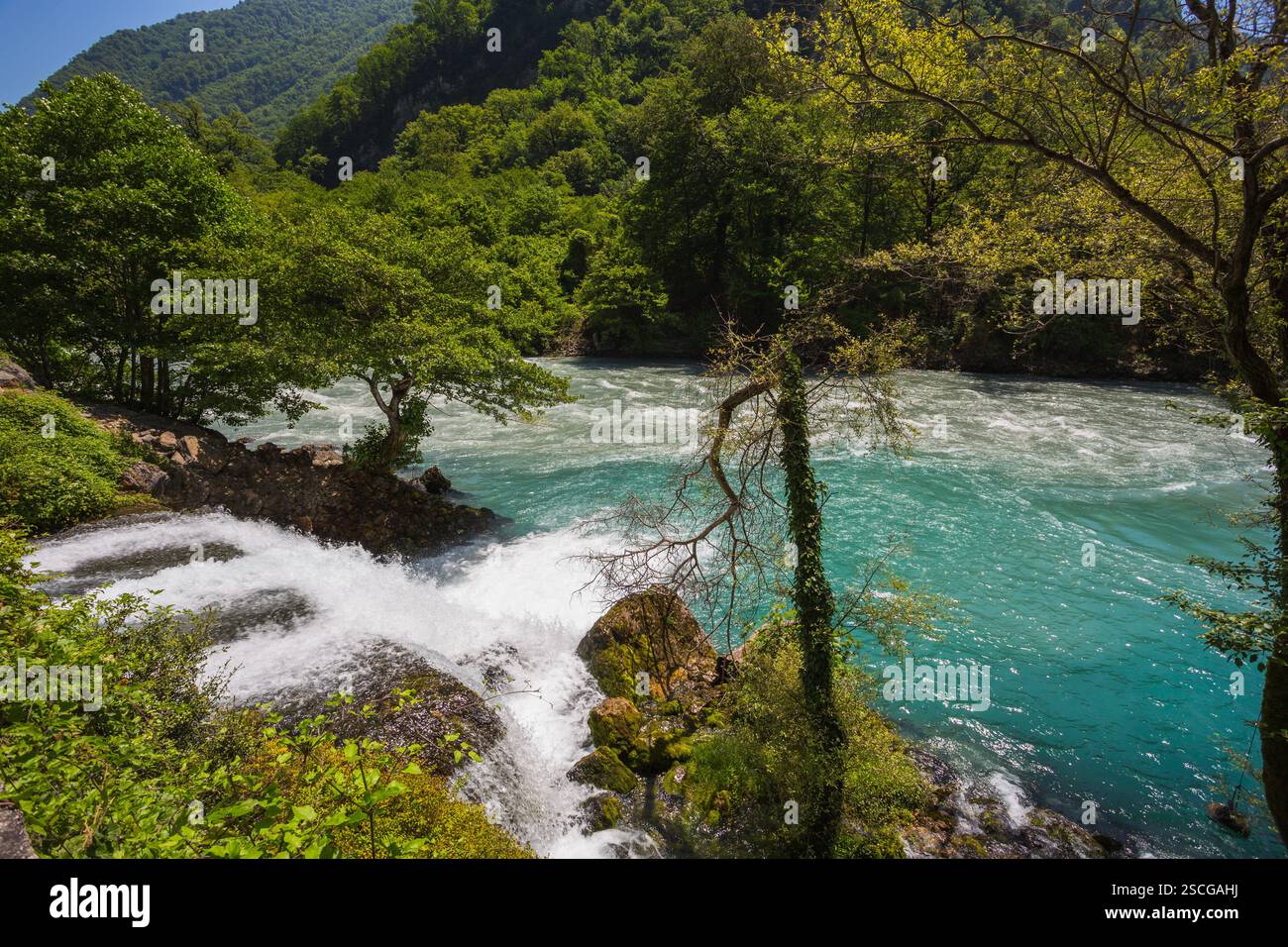Landscape in Abkhazia with the Caucasian ridge and river Stock Photo ...