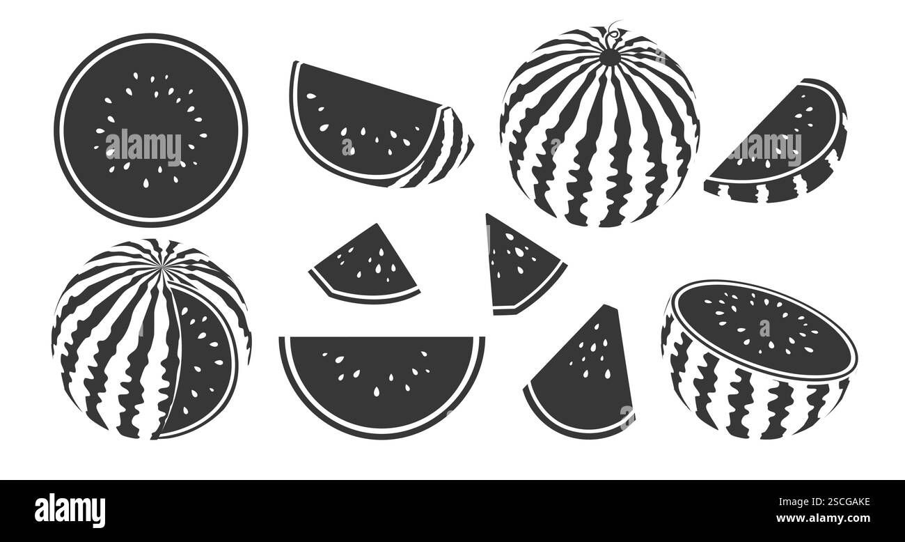 Watermelon silhouette icon clipart set. Watermelon black drawing clip ...