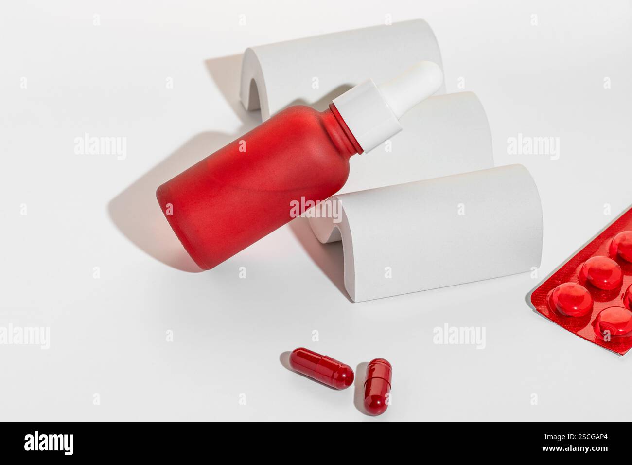 Mockup composition of pills, medicine and vitamin capsules and face or ...