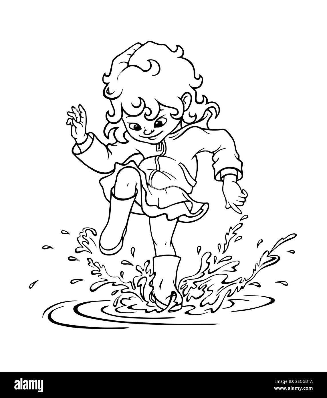 Coloring page with child girl jumping, splashing and stomping joyfully ...
