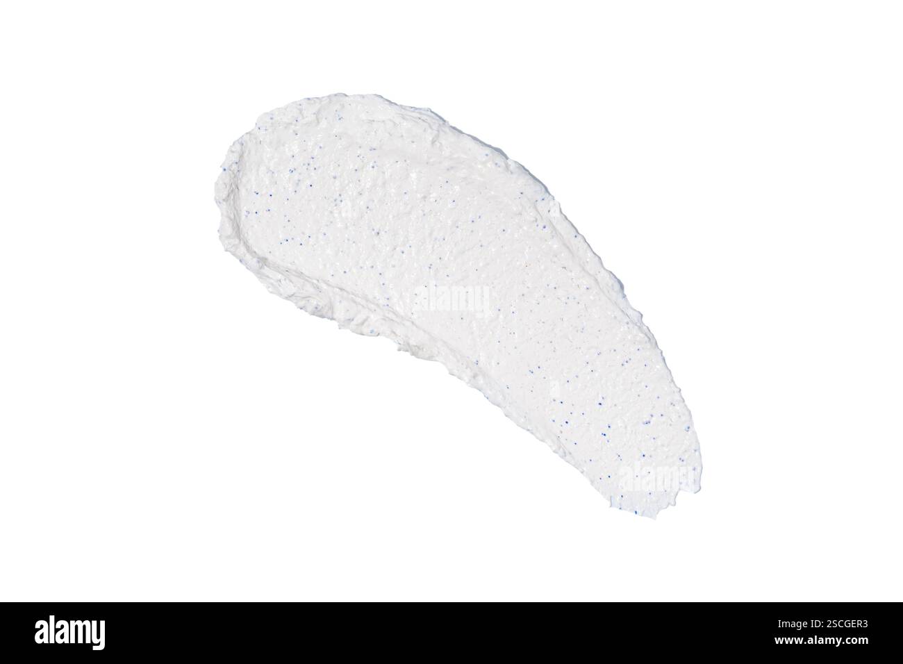 A white smear of face scrub on a light blue background, isolated smudge ...