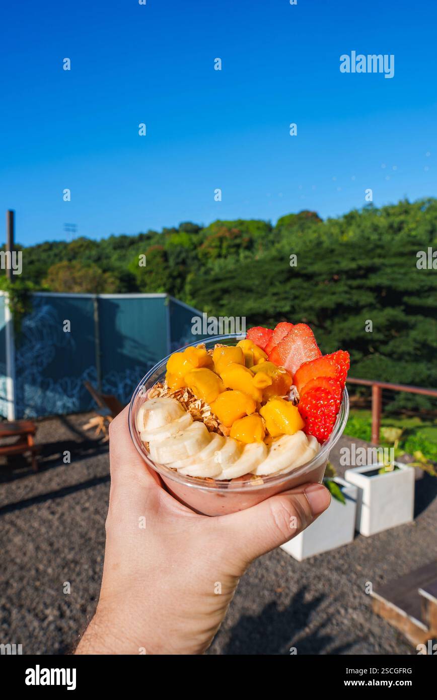 Hand Holding Acai Bowl with Tropical Fruits in Outdoor Hawaii Setting ...