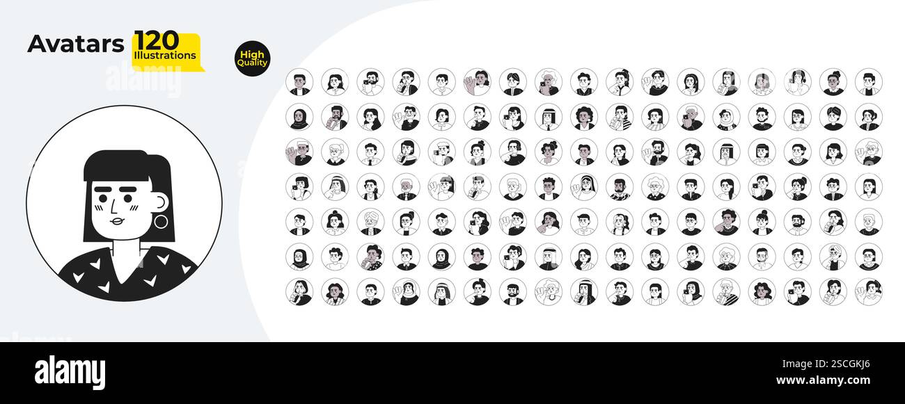 Round avatars cartoon outline illustrations mega bundle Stock Vector ...