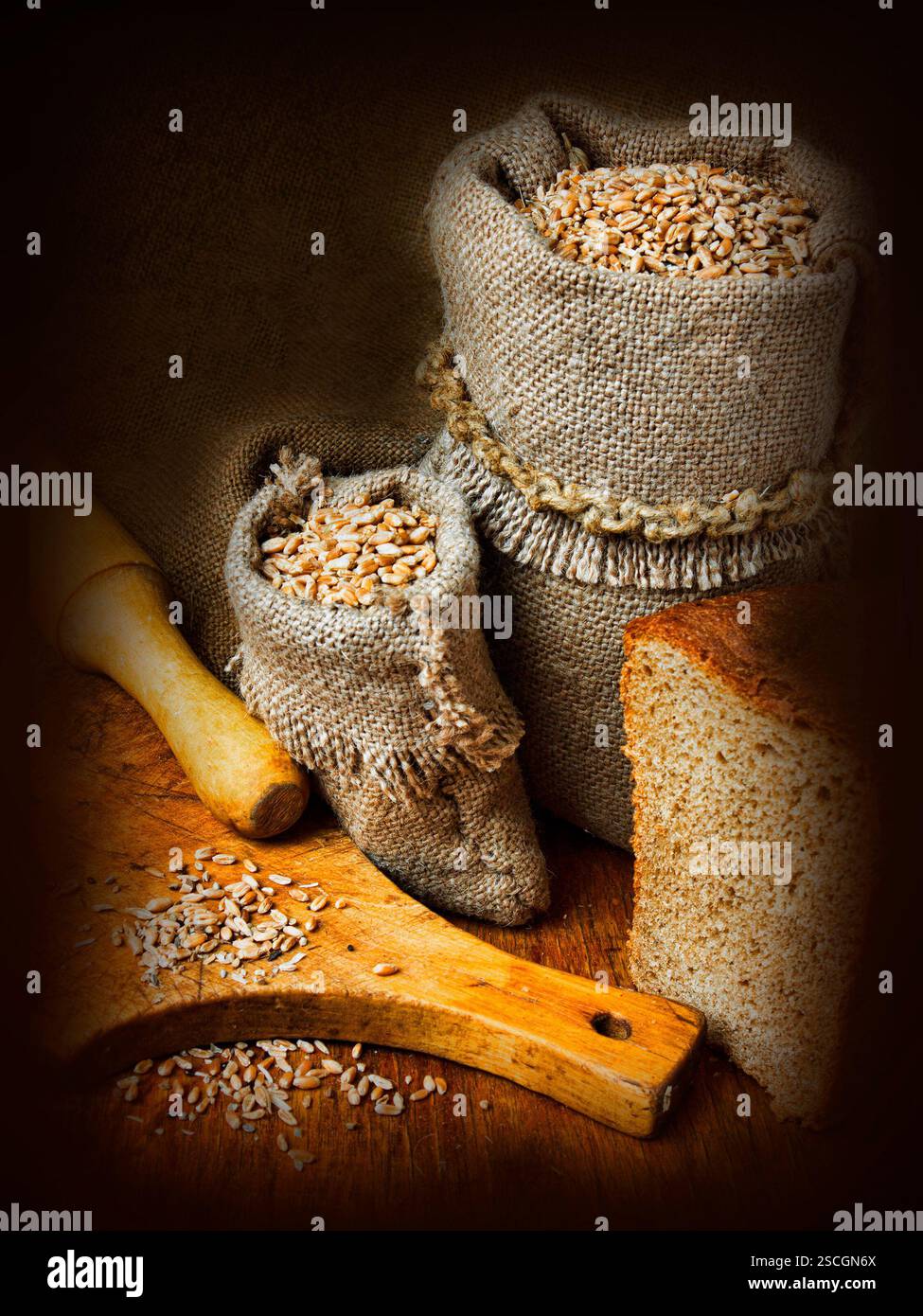 Still Life with a sack of wheat in the bakery Stock Photo - Alamy