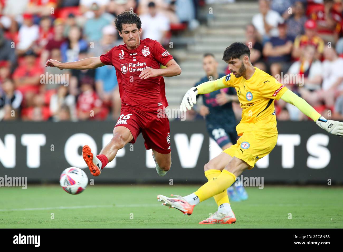 Archie Goodwin of Adelaide United charges Patrick Beach goalkeeper of ...