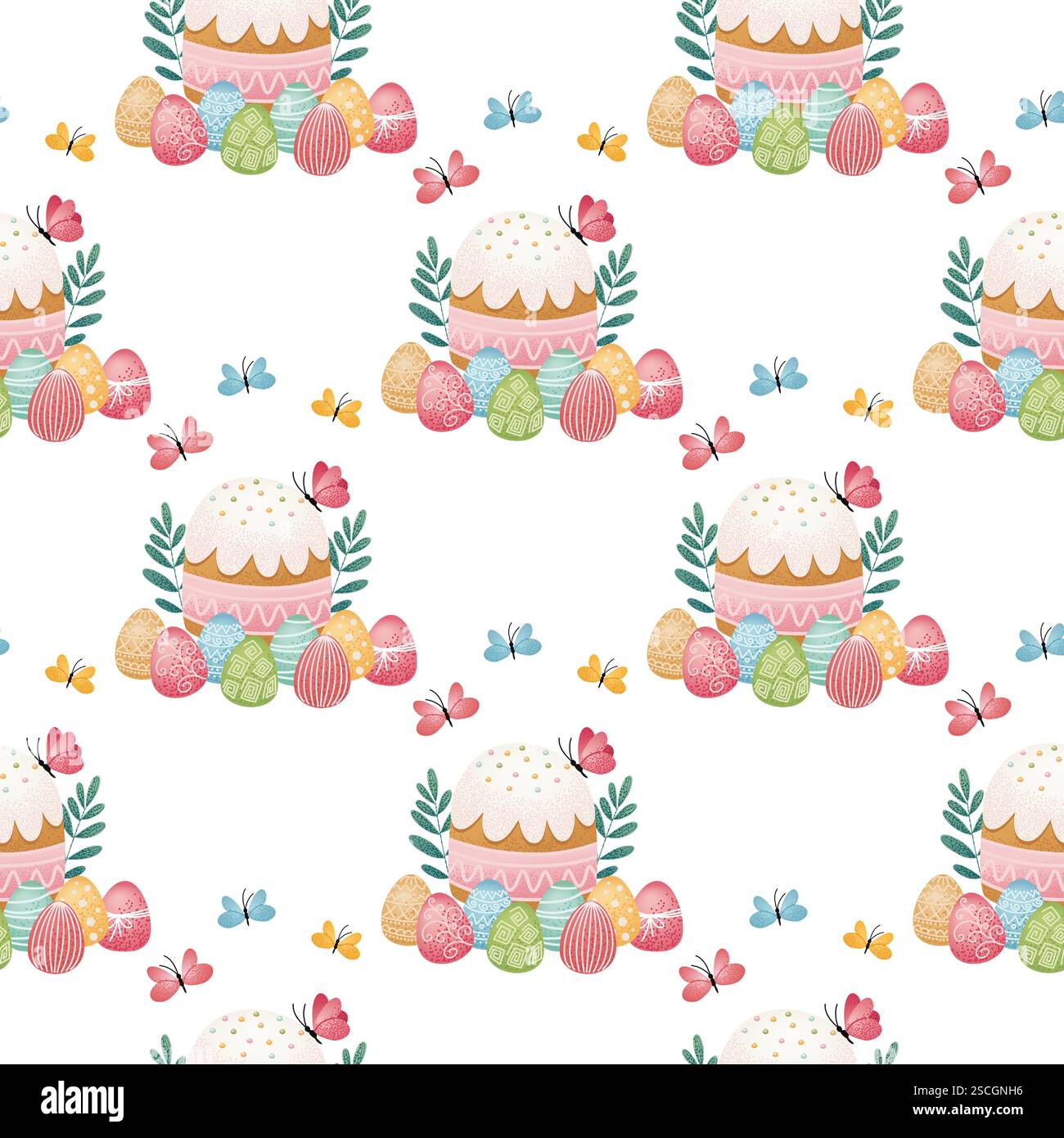 Seamless pattern with traditional Easter cake, colorful eggs, and ...