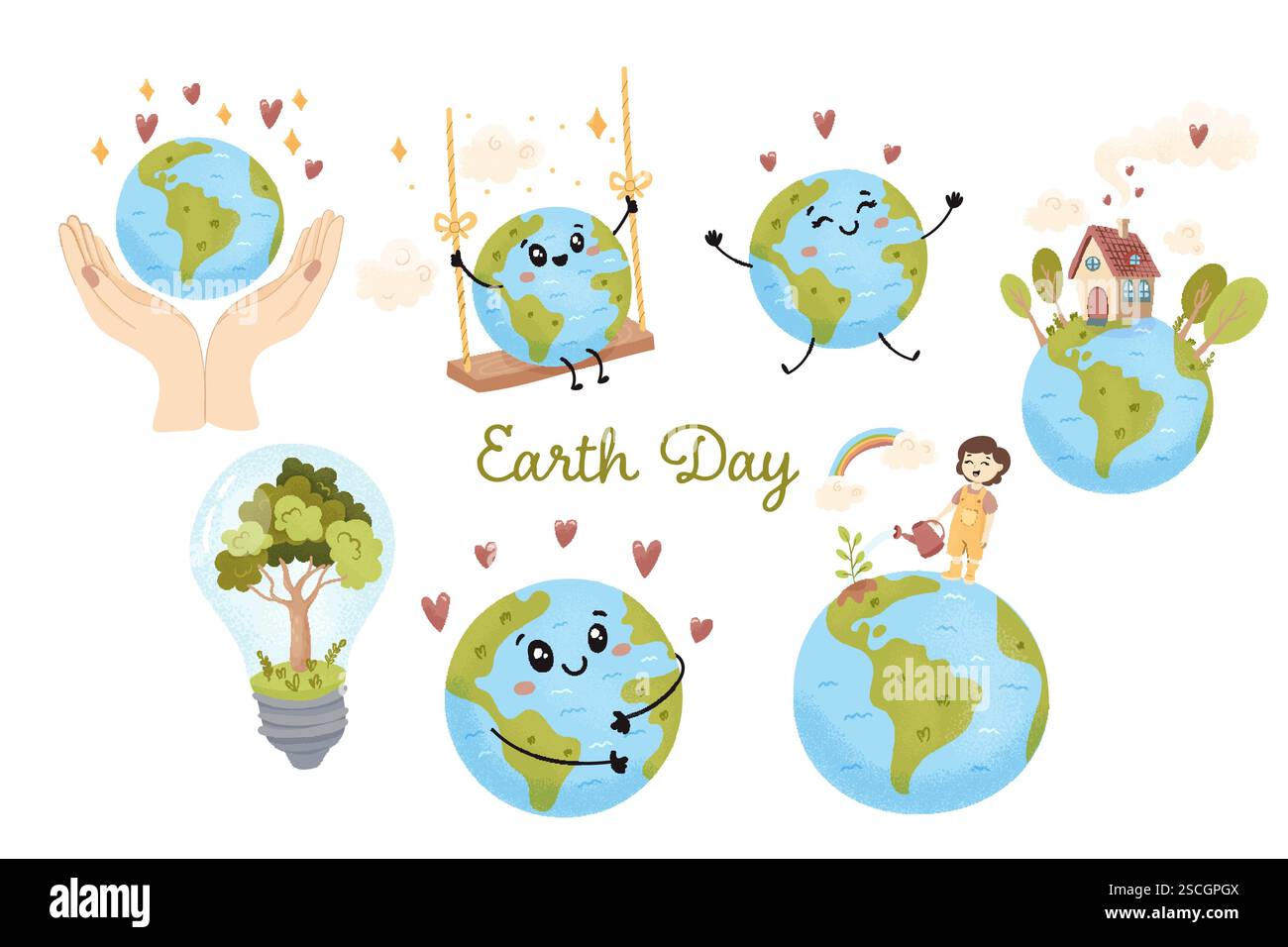 Earth Day set. Cute planet, ecology, vector illustration Stock Vector ...