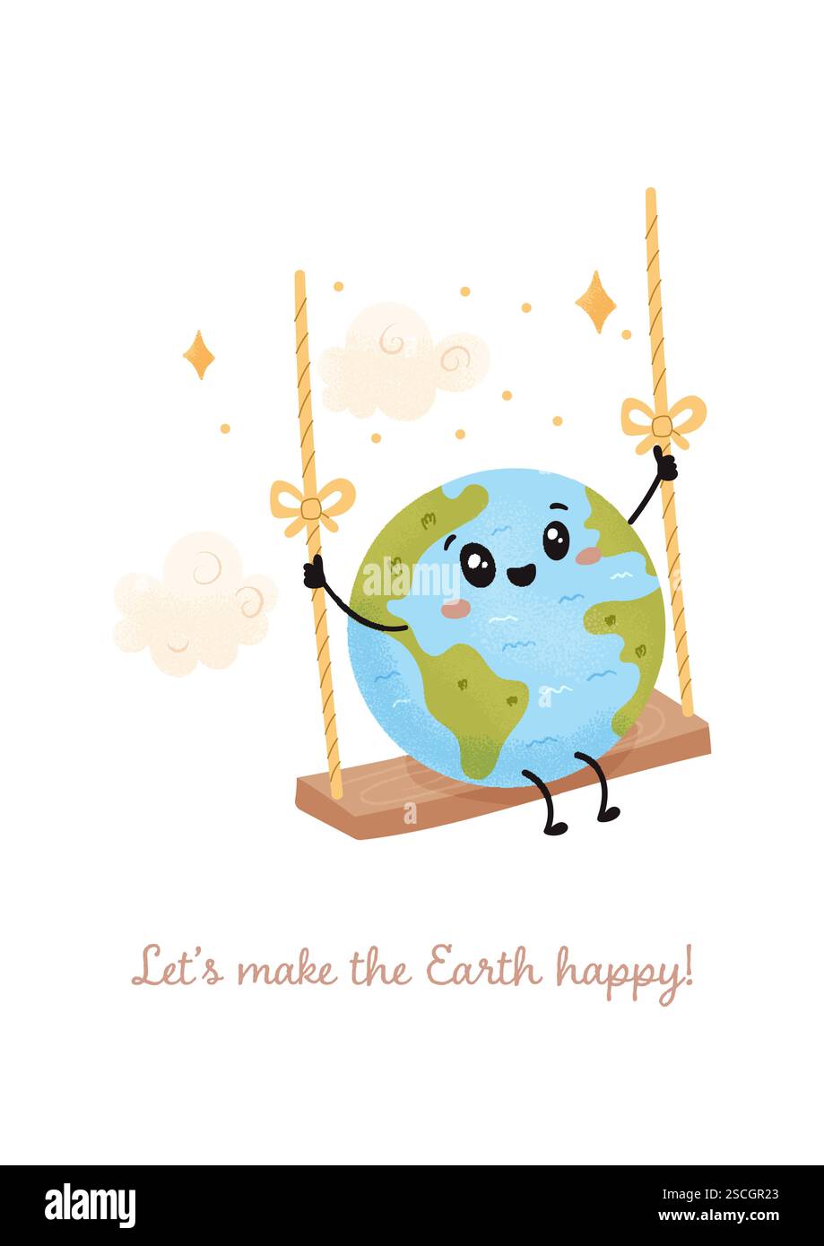 Cute earth day postcard, ecology. Planet on a swing. Vector ...
