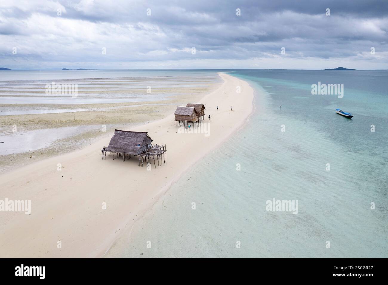 Aerial view of traditional wooden bajau houses, fishermen cottages on ...