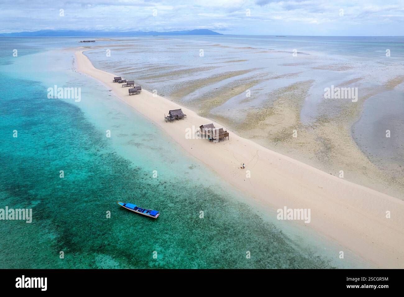 Aerial view of traditional wooden bajau houses, fishermen cottages on ...