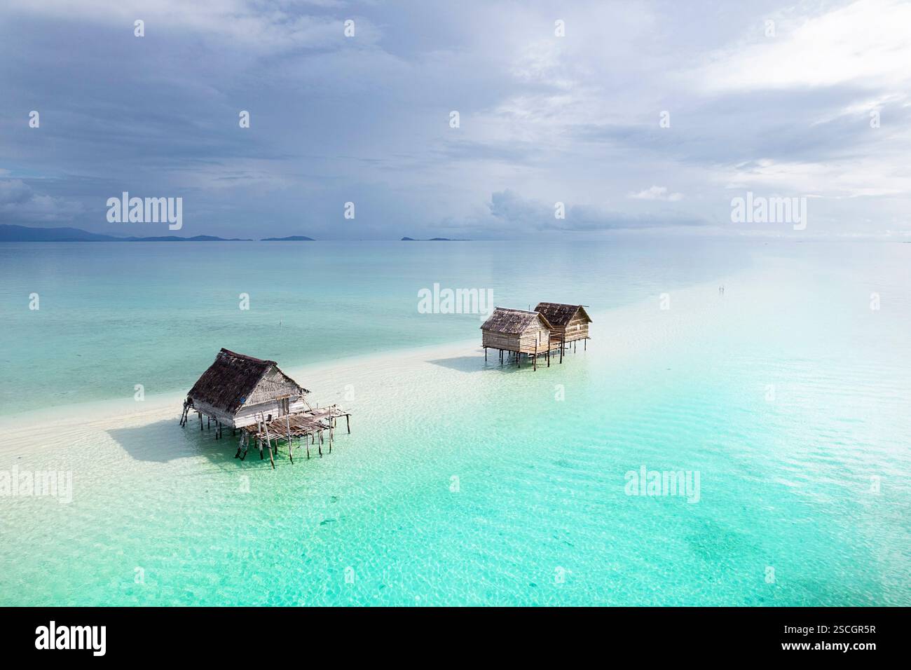 Aerial view of a traditional wooden houses, bajau fishermen cabins on ...