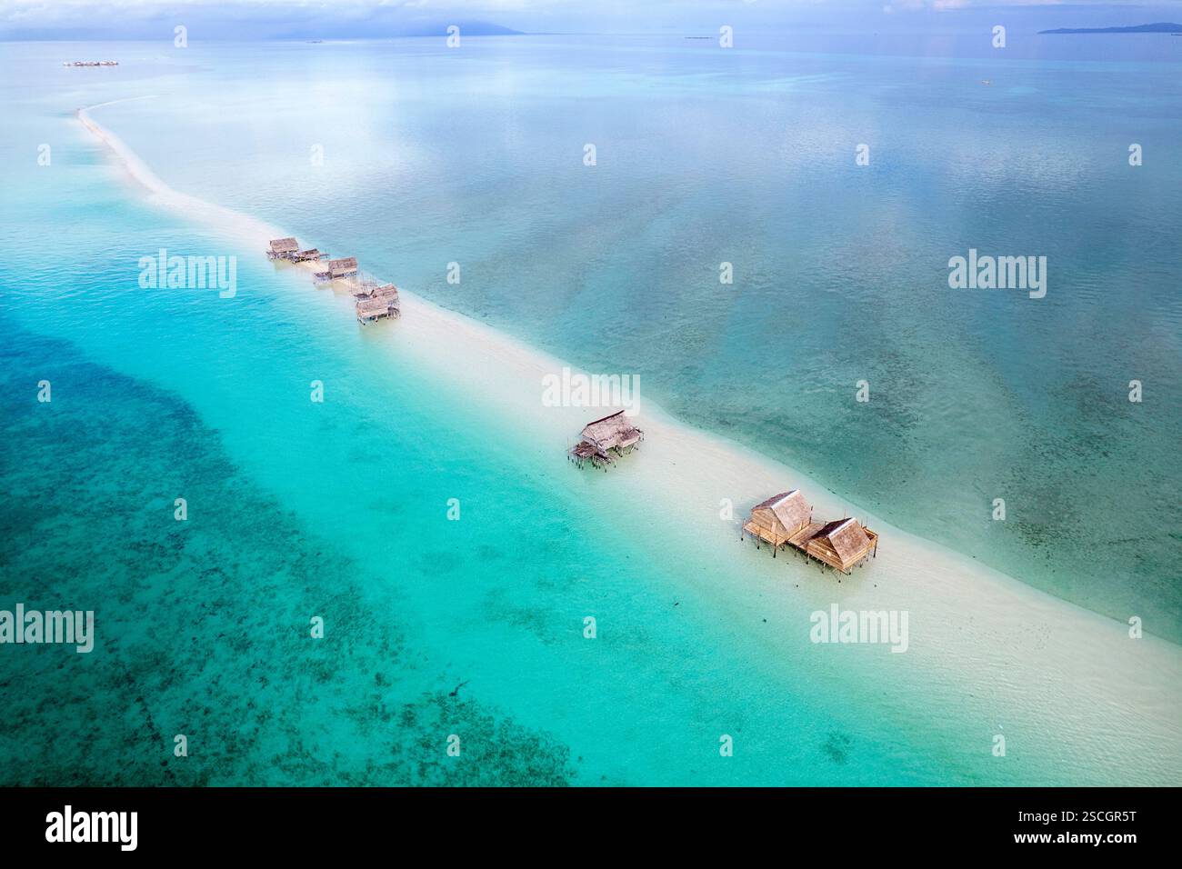 Aerial view of a traditional wooden houses, bajau fishermen cabins on ...