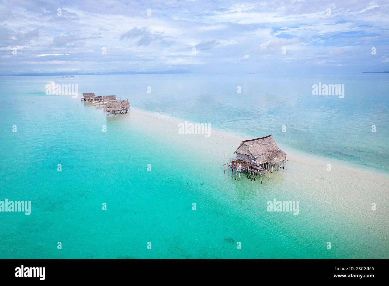 Aerial view of a traditional wooden houses, bajau fishermen cabins on ...