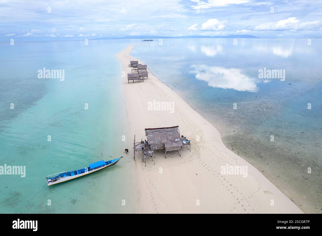 Aerial view of traditional wooden bajau houses, fishermen cottages on ...