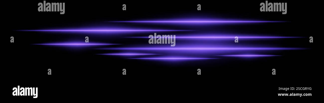 Glowing purple light streaks on a black background. Horizontal neon ...