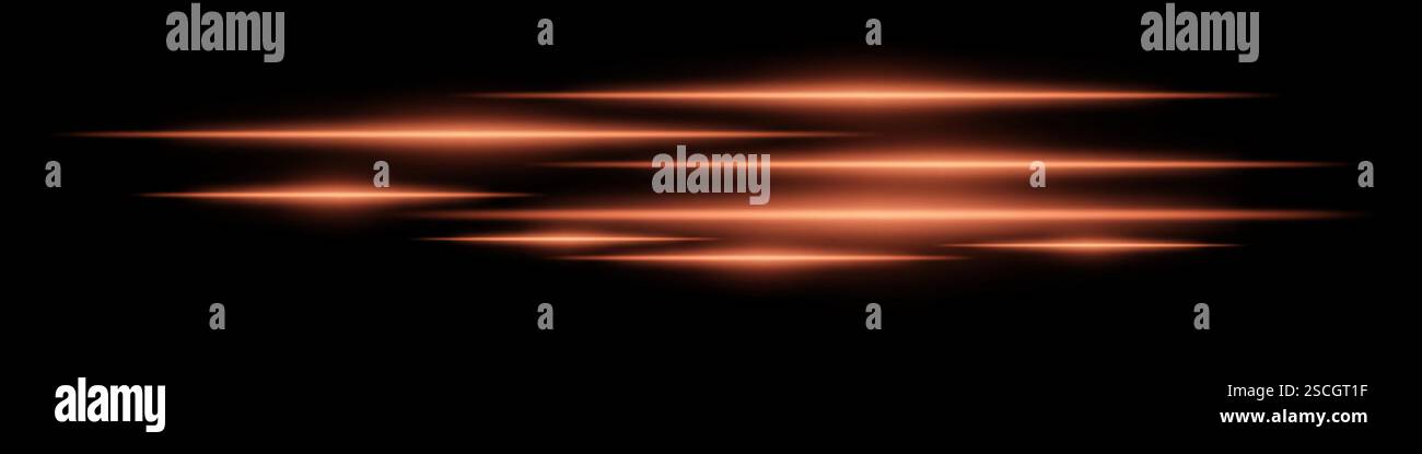 Glowing red light streaks on a black background. Horizontal neon beams ...