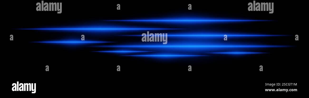 Glowing blue light streaks on a black background. Horizontal neon beams ...