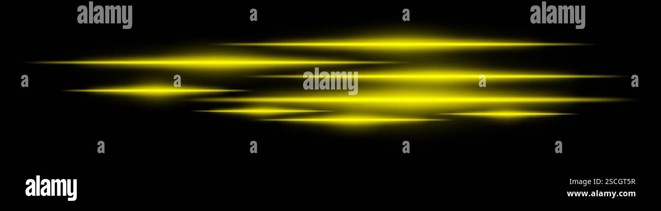 Glowing yellow light streaks on a black background. Horizontal neon ...