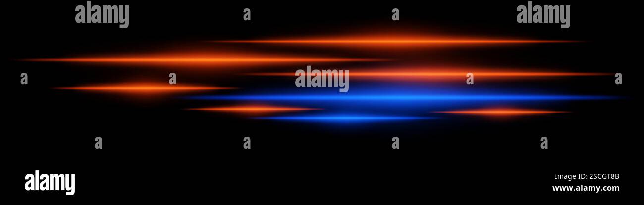 Glowing blue and orange light streaks black background. Horizontal neon ...