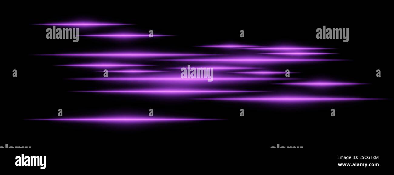 Glowing purple light streaks on a black background. Horizontal neon ...