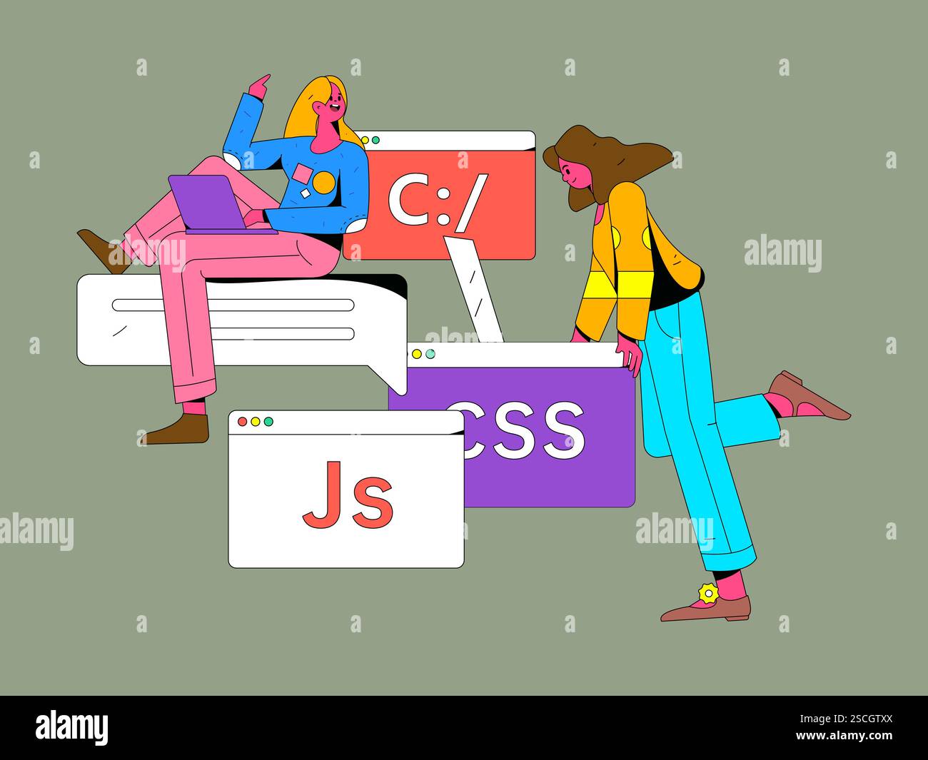 Programming teaching development flat character vector concept operation hand drawn illustration ...