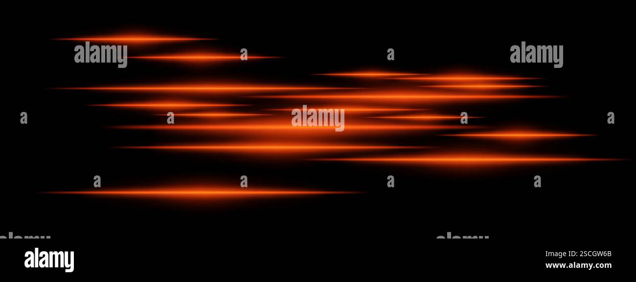 Glowing red light streaks on a black background. Horizontal neon beams ...