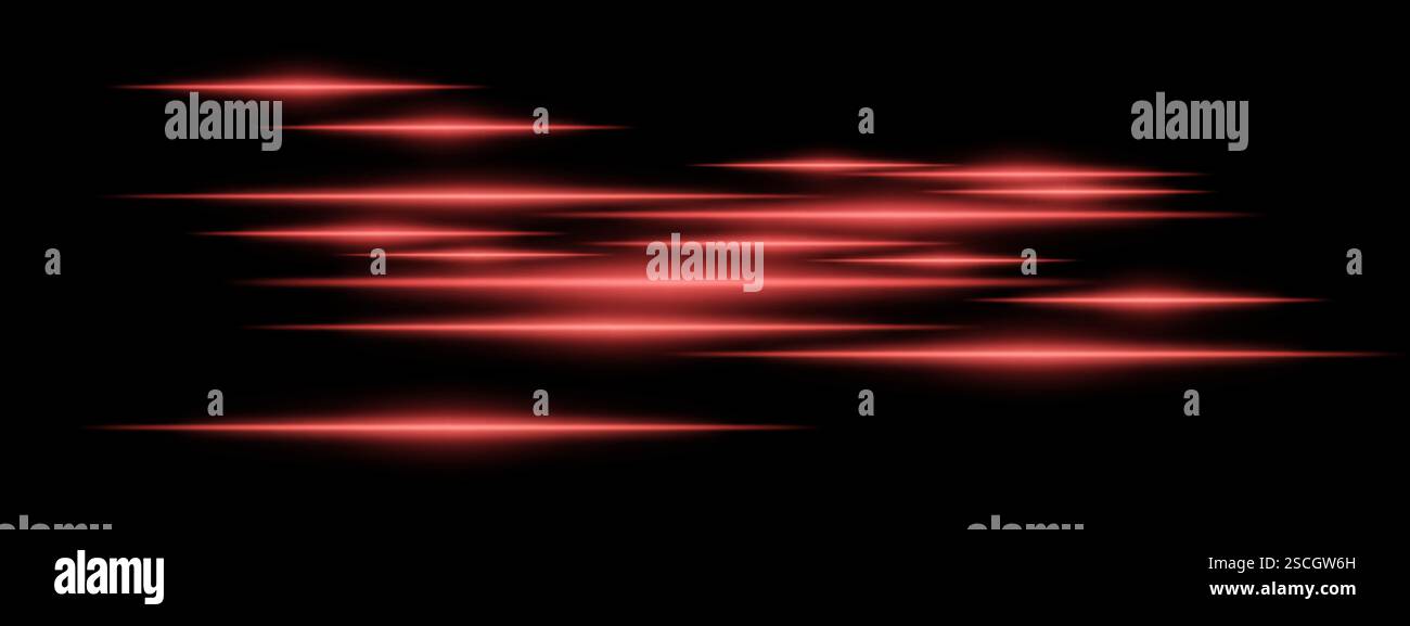 Glowing red light streaks on a black background. Horizontal neon beams ...