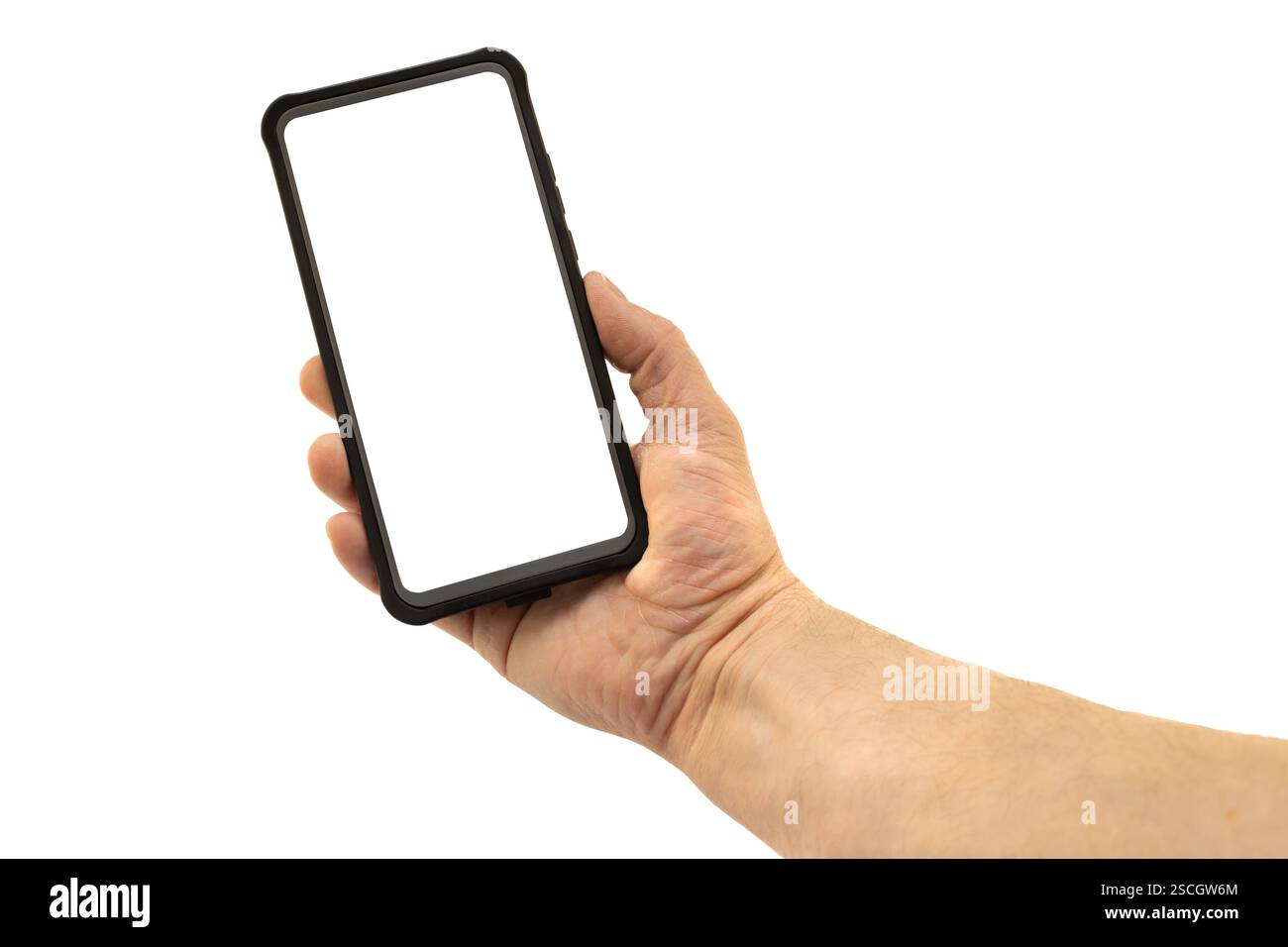 Male hand holding black smartphone case with white screen and modern ...