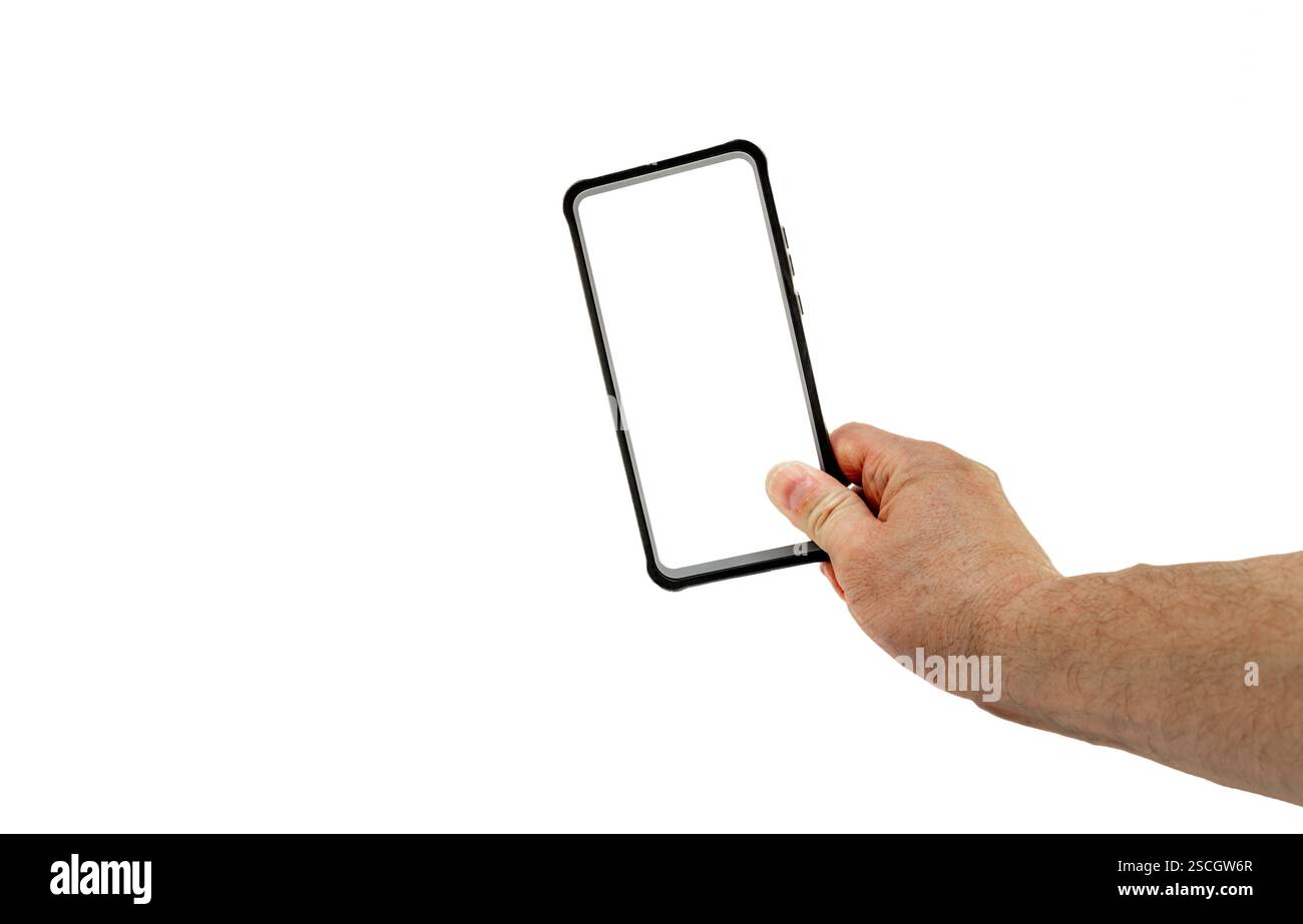 Male hand holding black smartphone case with white screen and modern ...