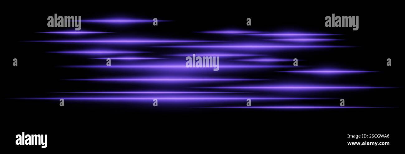 Glowing purple light streaks on a black background. Horizontal neon ...