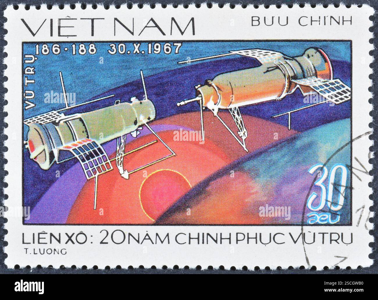 Cancelled postage stamp printed by Vietnam, that shows Satellites ...
