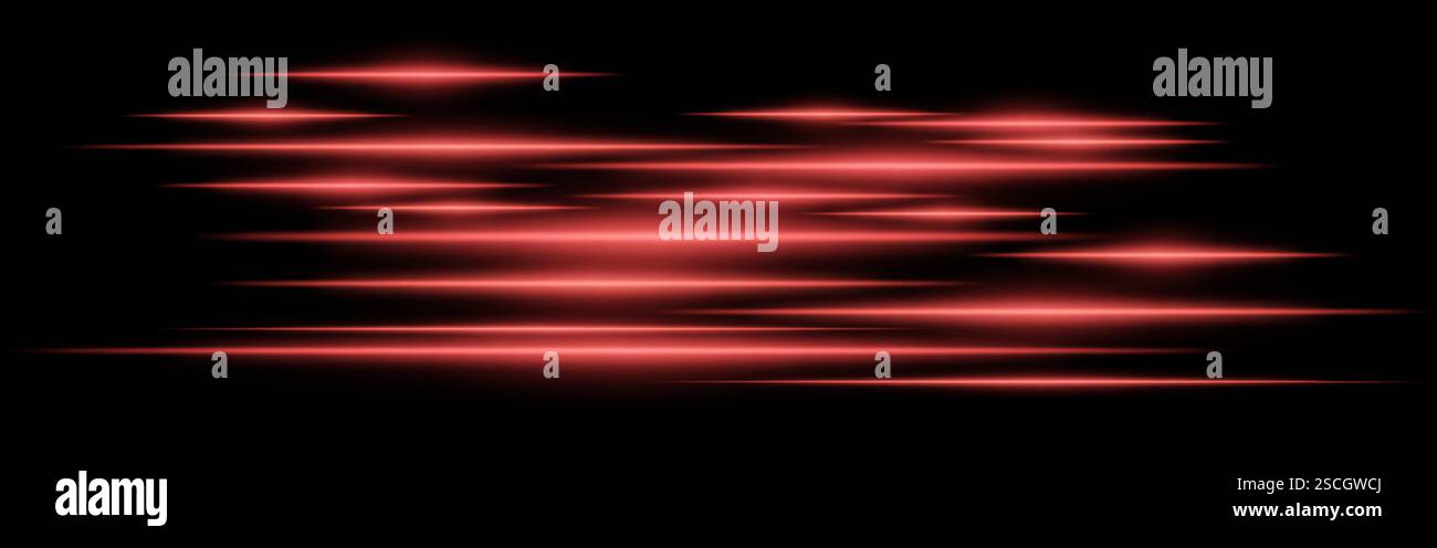 Glowing red light streaks on a black background. Horizontal neon beams ...