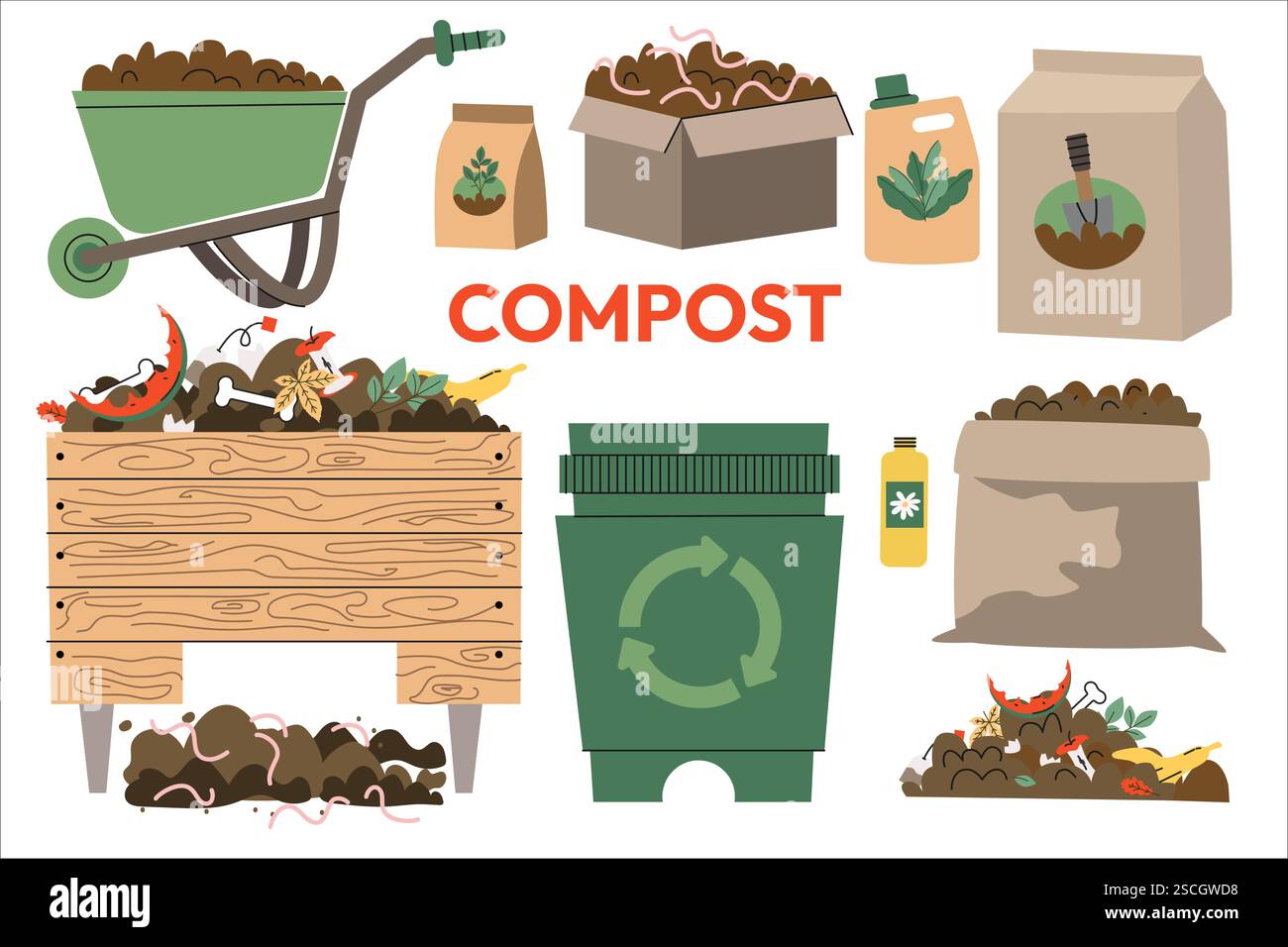 Recycle Organic Waste. Organic composting theme. Garden tools, bag of ...