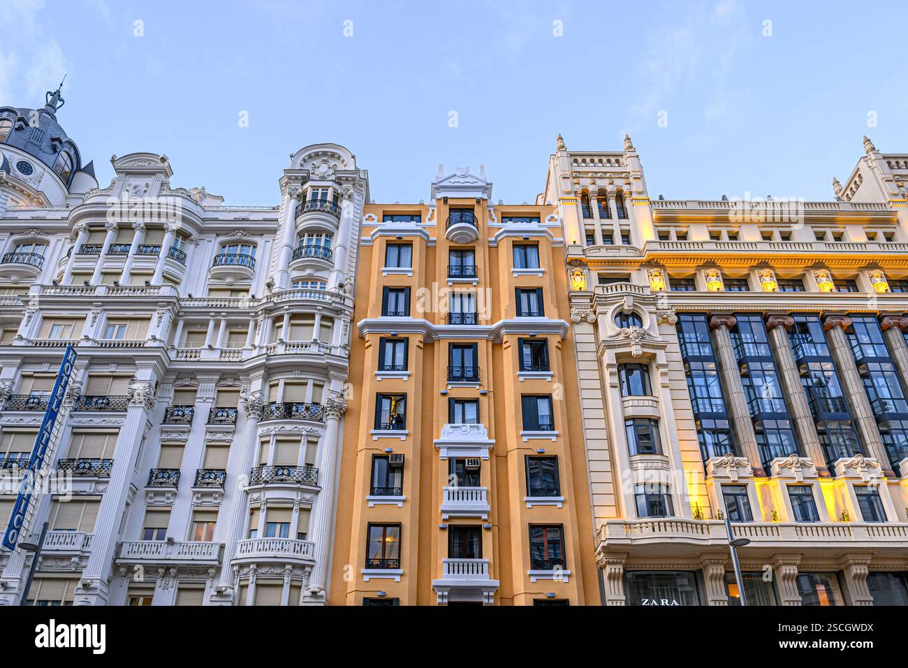 Multi-colored facade of an apartment building in Gran Via Stock Photo ...
