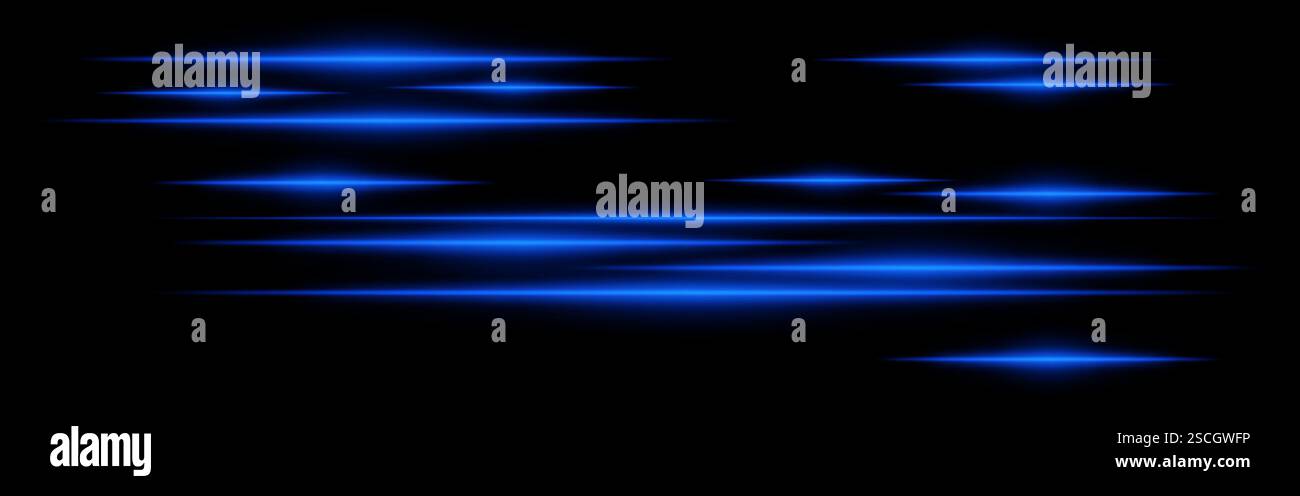 Glowing blue light streaks on a black background. Horizontal neon beams ...
