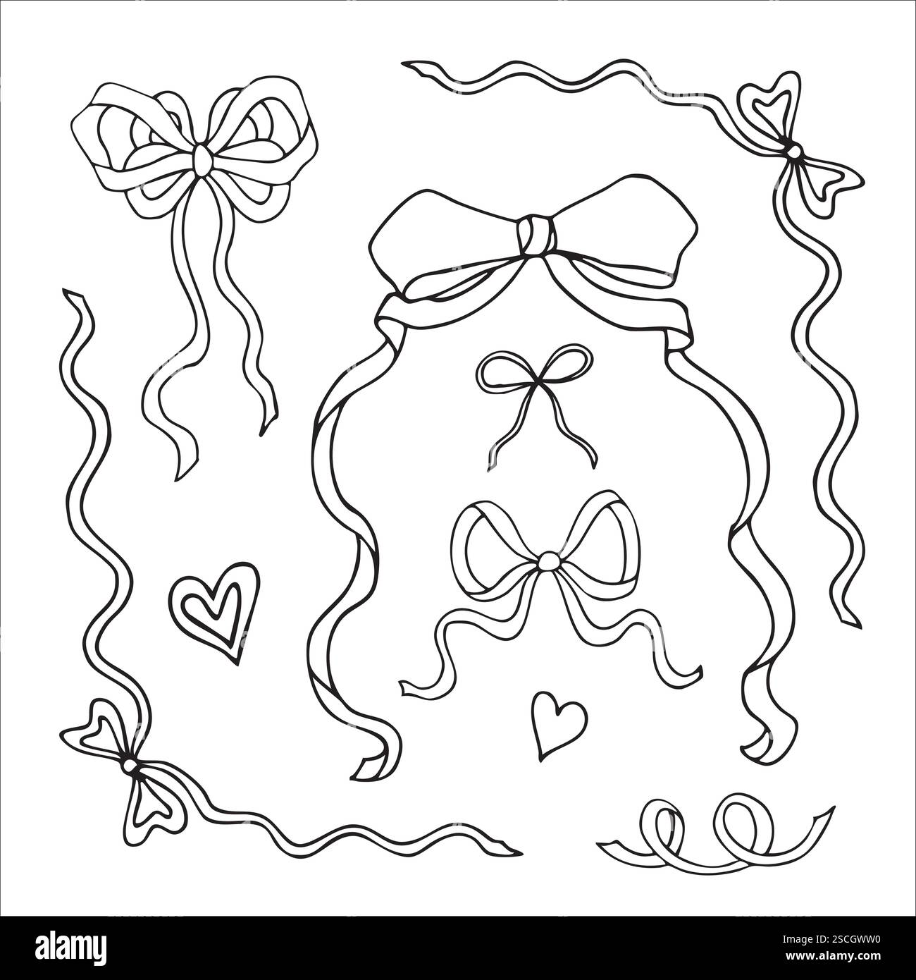 Vector outline set of different curvy bows, coquette style, doodle ...