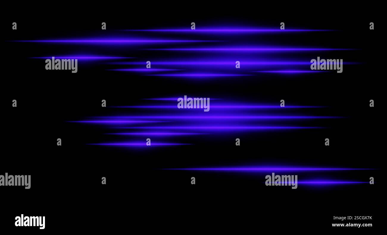 Glowing blue light streaks on a black background. Horizontal neon beams ...