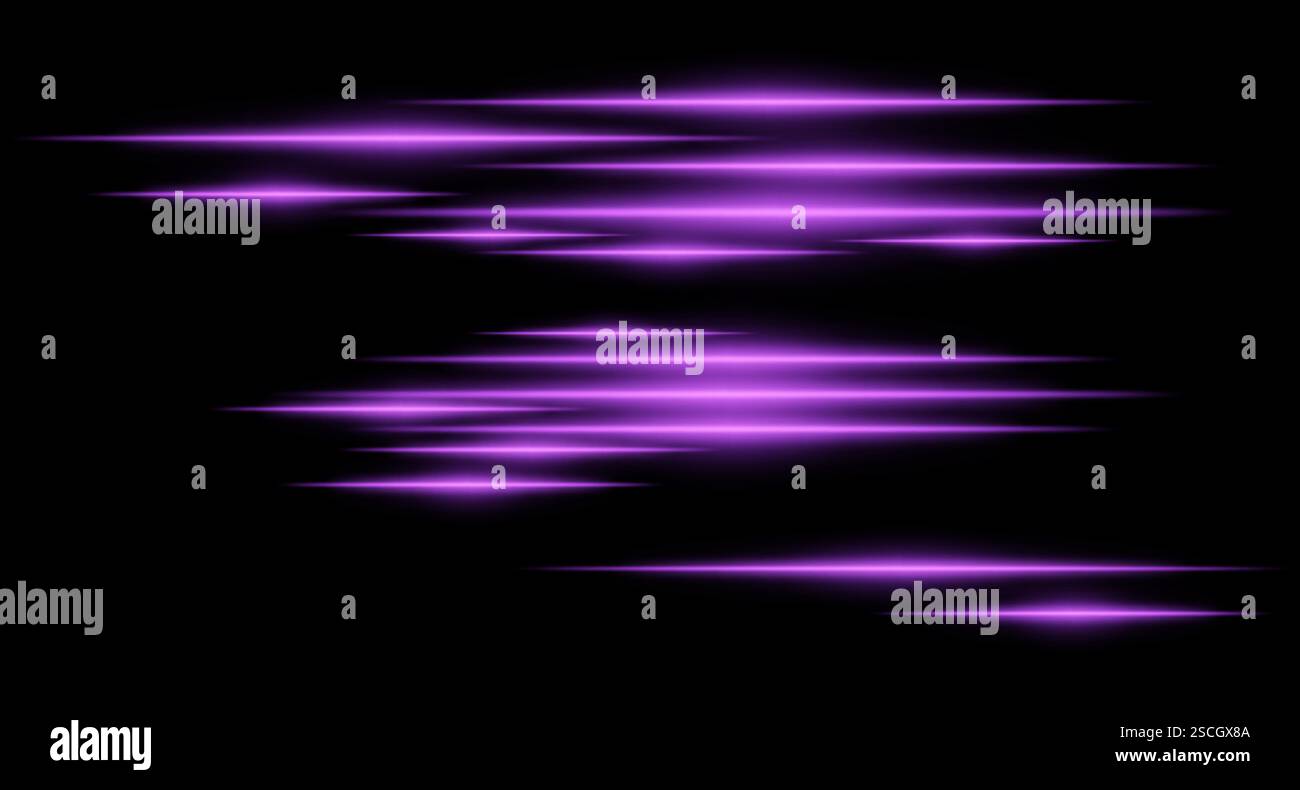 Glowing purple light streaks on a black background. Horizontal neon ...