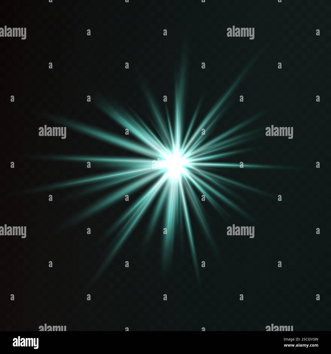 Glowing teal starburst light effect on a dark background. Radiating ...