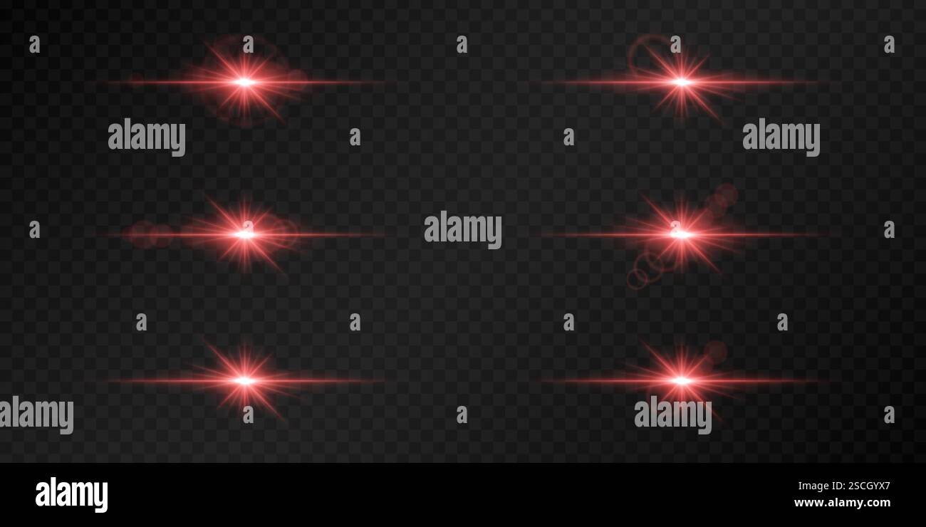 Set of glowing red lens flares on a dark transparent background ...