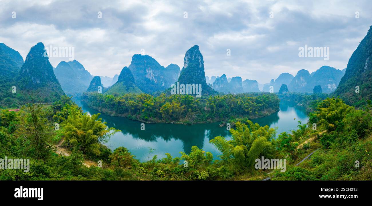 Aerial View of Karst Mountains and River in Li River, China Stock Photo ...