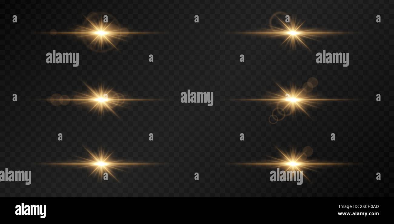 Set of glowing golden lens flares on a dark transparent background ...