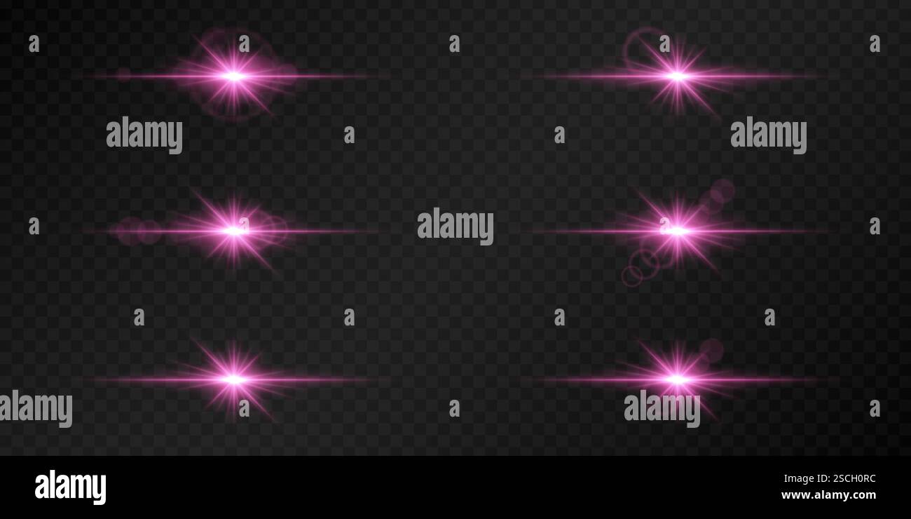 Set of glowing pink lens flares on a dark transparent background ...