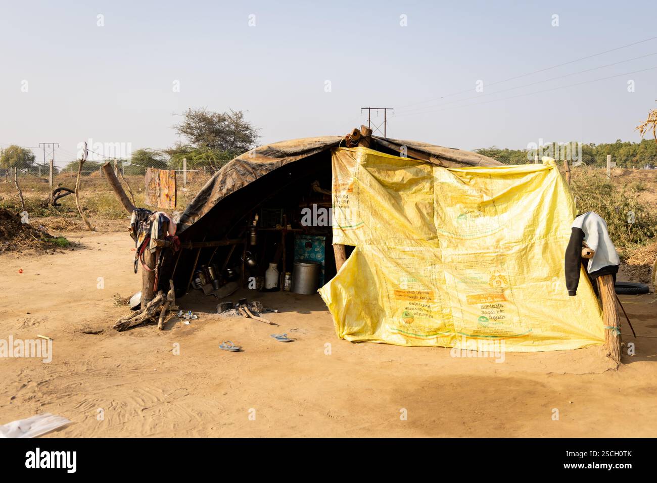 small bamboo hut of poor villager living below poverty line at day ...