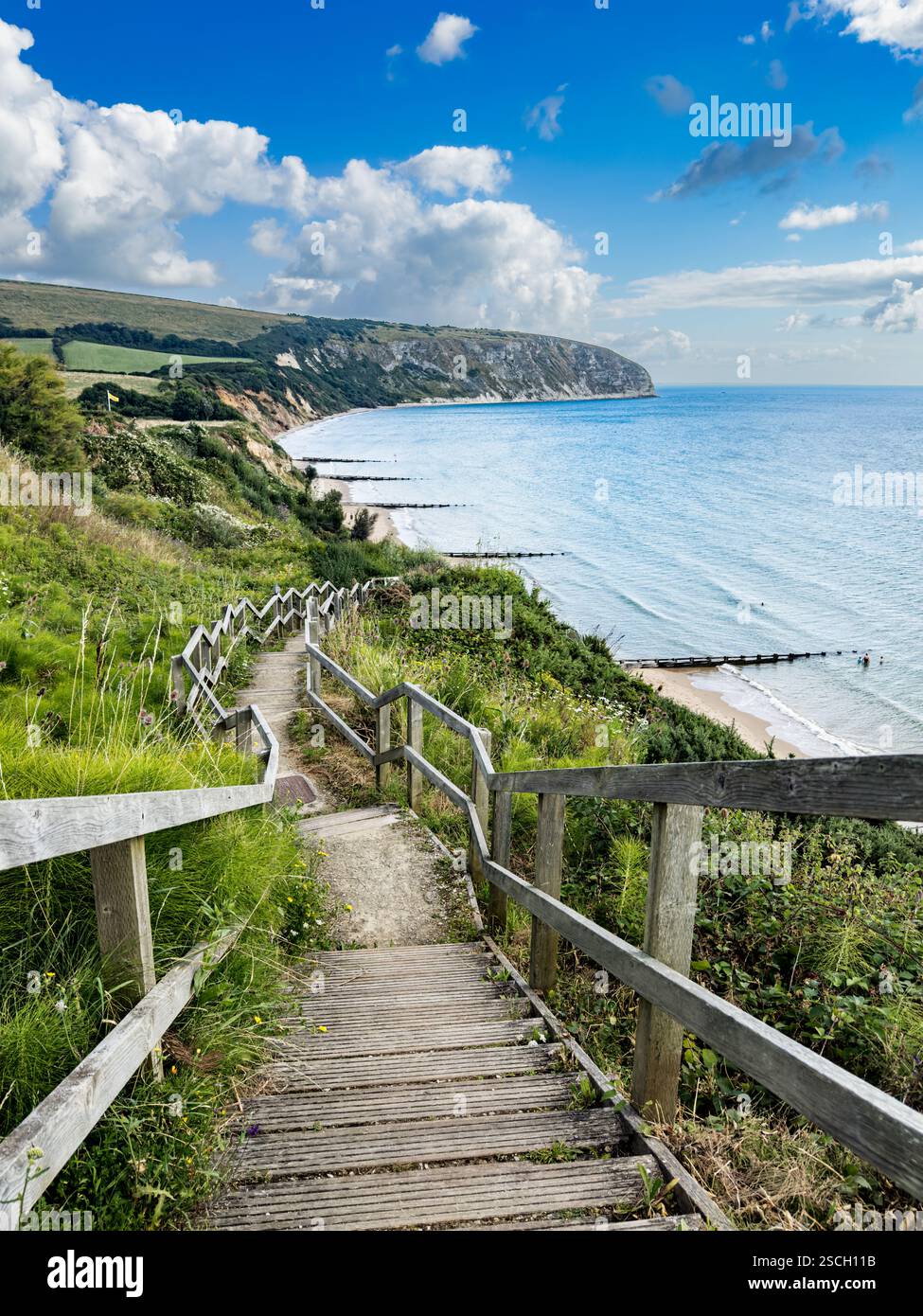 Coastal landscape at Swanage Bay in Swanage, Dorset, England, in summer ...