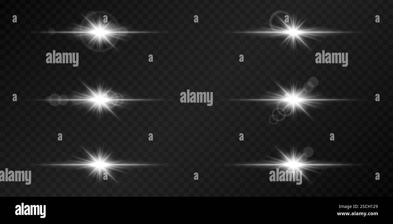 Set of glowing white lens flares on a dark transparent background ...