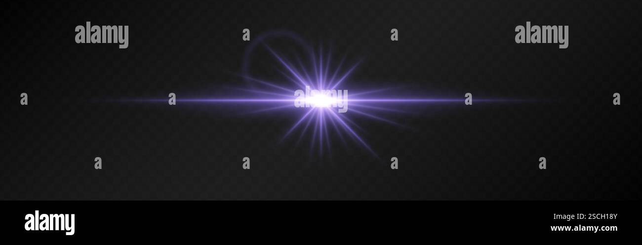 Bright purple lens flare with radiating beams on a dark transparent ...