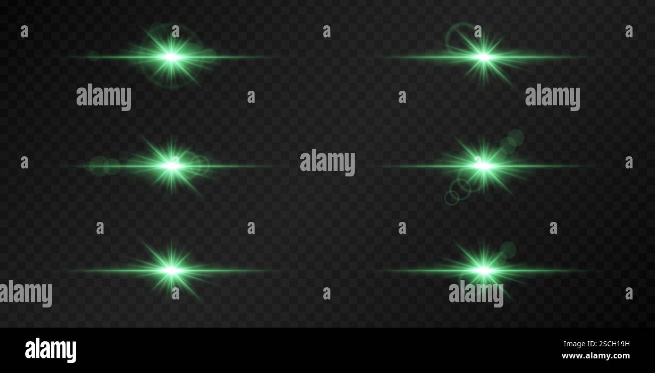 Set of glowing green lens flares on a dark transparent background ...