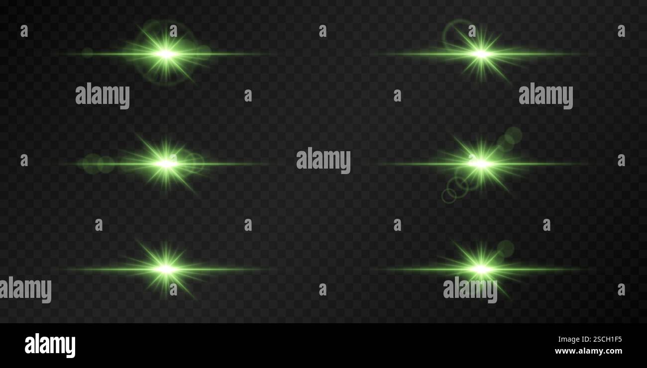 Set of glowing green lens flares on a dark transparent background ...