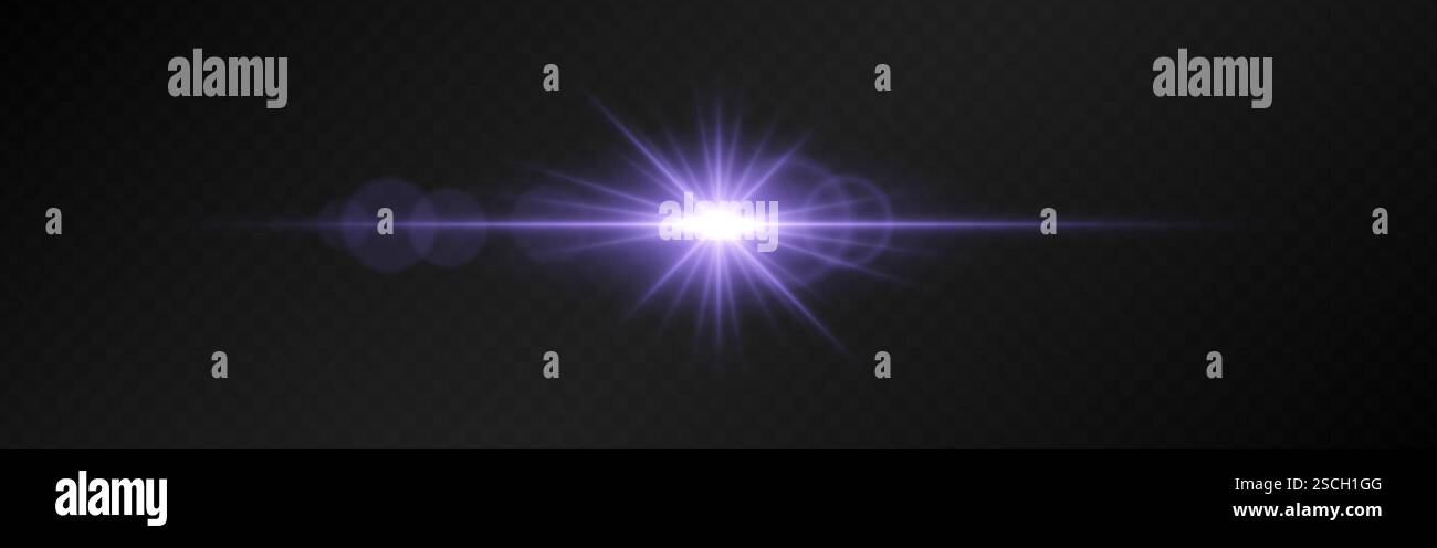 Bright purple lens flare with radiating beams on a dark transparent ...